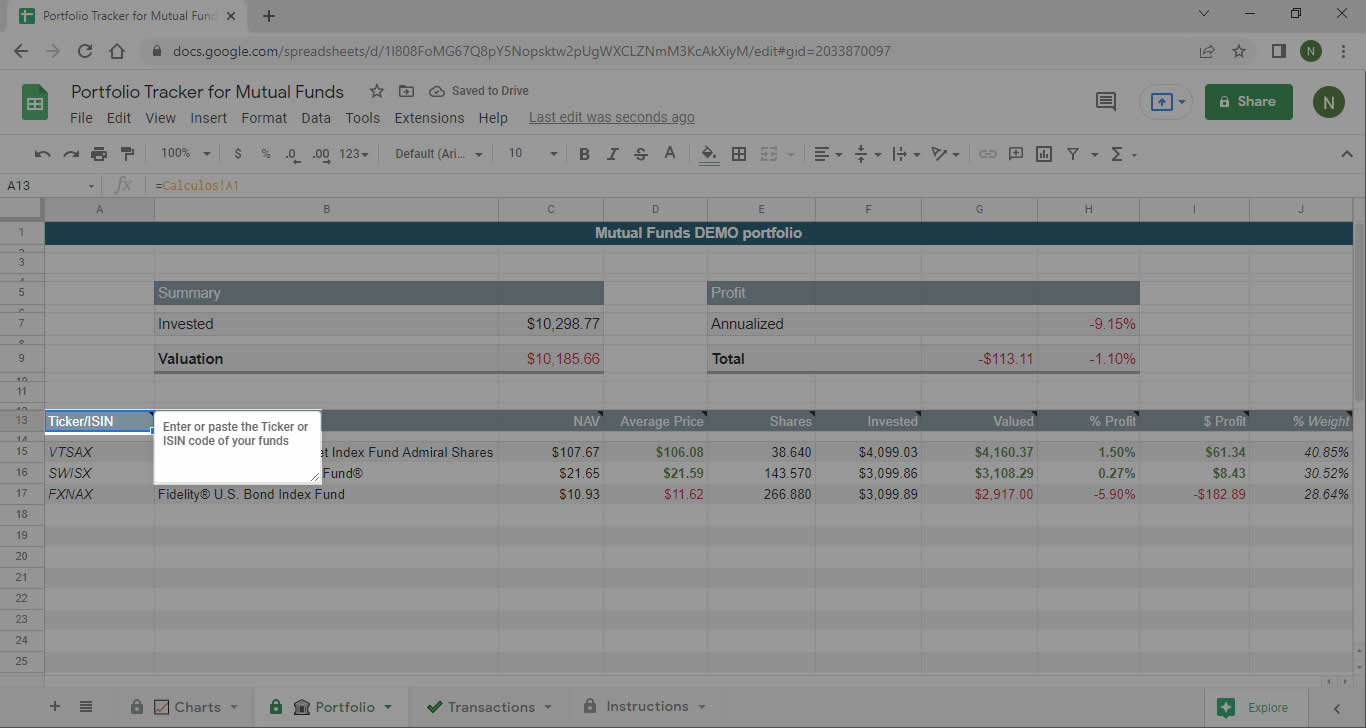 ETF, Mutual & Index fund portfolio tracker spreadsheet - Investing