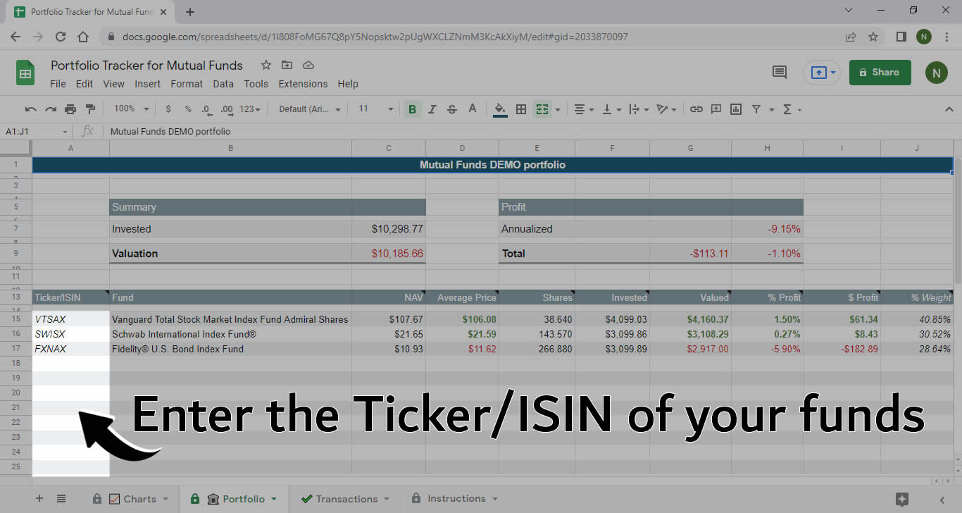 ETF, Mutual & Index fund portfolio tracker spreadsheet - Investing